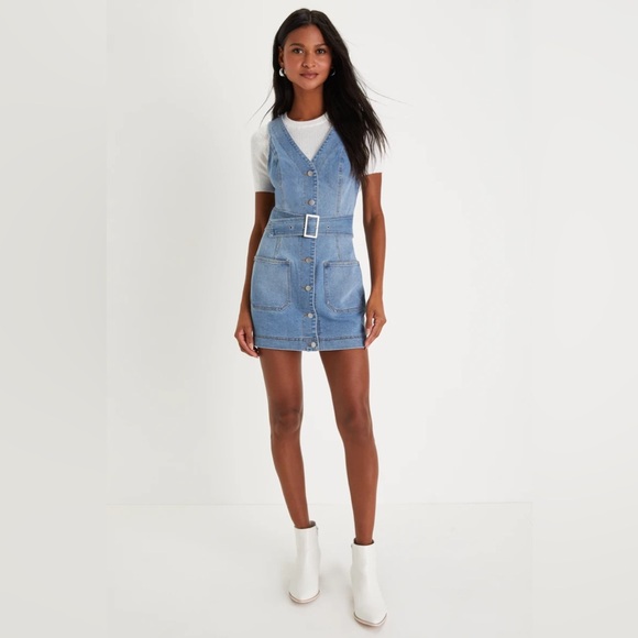 Lulus | Dresses | Lulus Cutest Aesthetic Light Wash Denim Belted ...